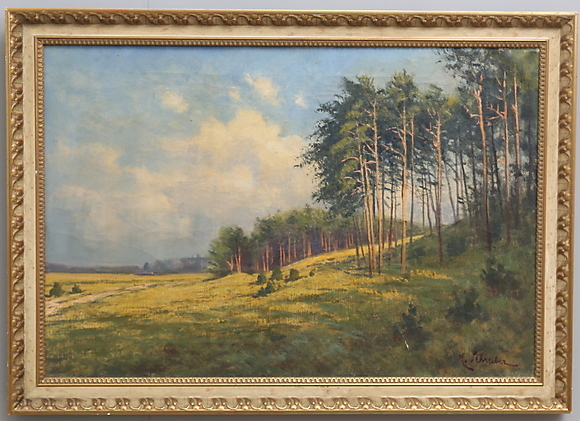 HERMAN SCHREIBER. oil on canvas, "Forest and meadow", signed H ...
