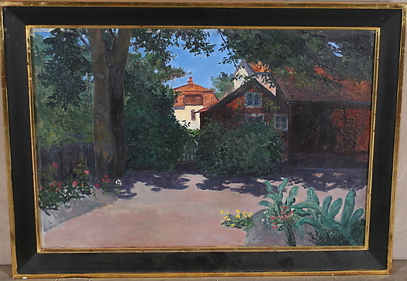 ARTHUR BIANCHINI. Solbelysta hus och träd, olja på duk, signerad. Konst ...