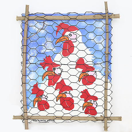 HEIDI GRIMBÄCK. Acrylic, net, twigs, "Chickens behind net" signed, 2019 ...
