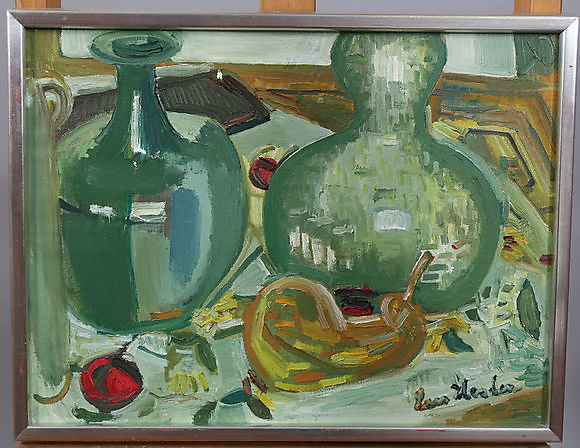 LARS HERDER. Oil on canvas, Still life with vases and fruit, signed ...