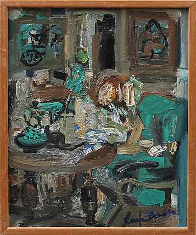 LARS HERDER. At the coffee table, oil on canvas, signed. Art - Paintings - Auctionet