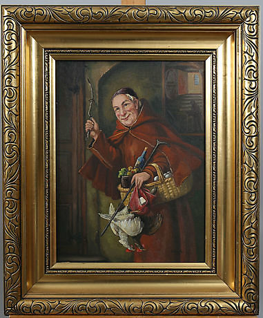 OIDENTIFIERAD KONSTNÄR. Olja på duk, Munk med förtäring, signerad ...