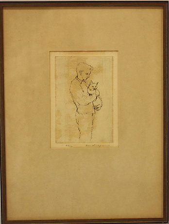 OLLE LINDGREN. Boy with cat, etching, 16.5x10.5, numbered 43/110 and ...