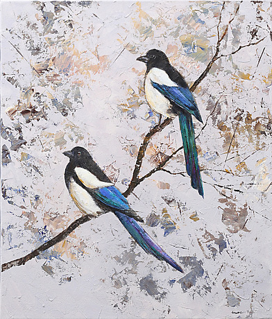 ANNA ESSIPOVA. Magpies on branch, oil on canvas, signed. Art ...