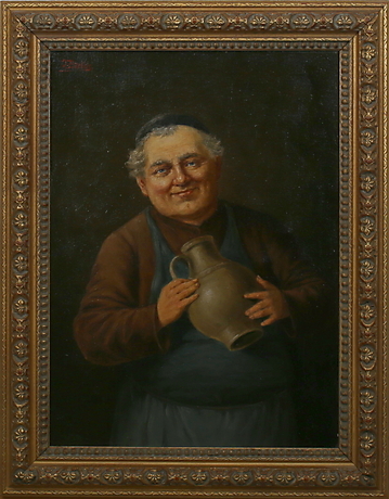 OIDENTIFIERAD KONSTNÄR. Munk med krus. Olja på duk Signerad O Bartels ...