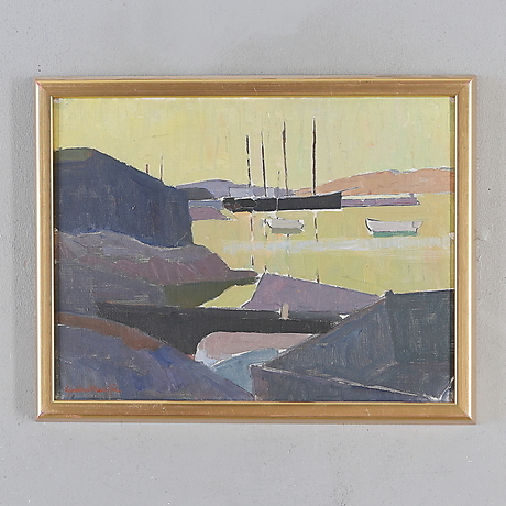 GORDON MACFIE. Coastal motif with boats, oil on canvas on Board, signed ...