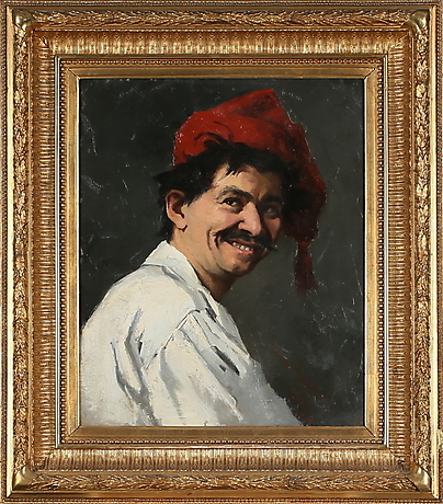 ANNA NORDGREN. Mustache adorned man with red hood, oil on canvas ...