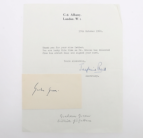 AUTOGRAF. GRAHAM GREENE, BRITTISK FÖRFATTARE OCH AGENT, (1904-1991 ...