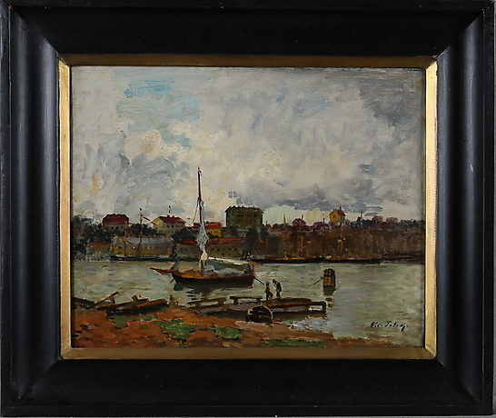 AXEL PETER. Sailboat at coastal town, oil on canvas, signed. Art ...