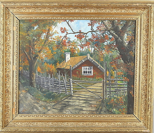 OIDENTIFIERAD KONSTNÄR. Oil on canvas, cabin in autumn forest, signed ...