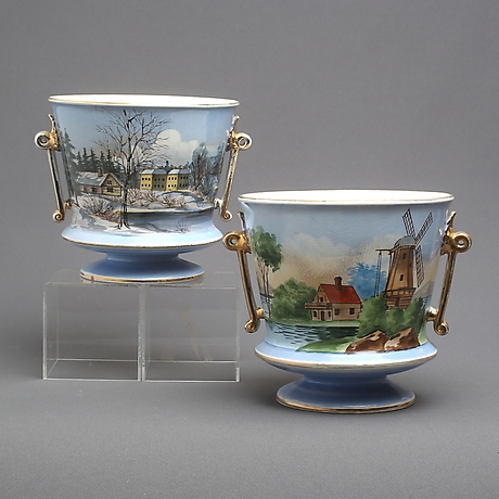 ULKOVUORI, 2 kpl, piikivi, maalattu koristelu, Gustavsberg, 1897 ja ...