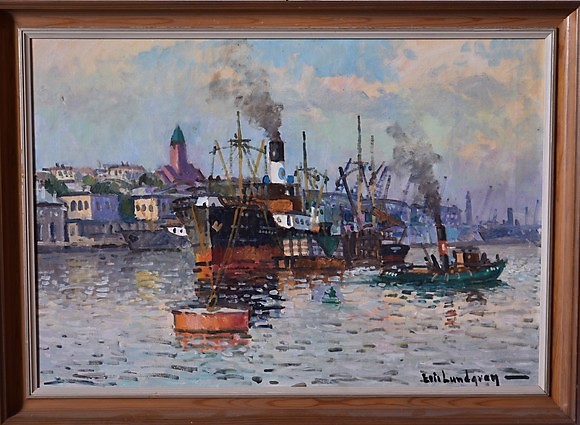 ERIC LUNDGREN. 1907-2001 olja på duk "Göteborgs hamn " signerad. Konst ...