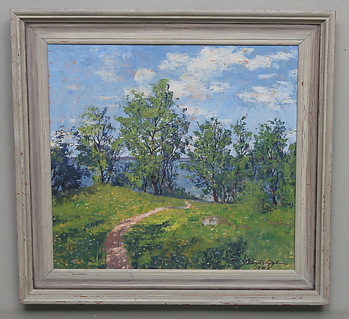 BIRGER HJELM. Sommardag vid Boren. Olja på pannå. signerad och daterad ...