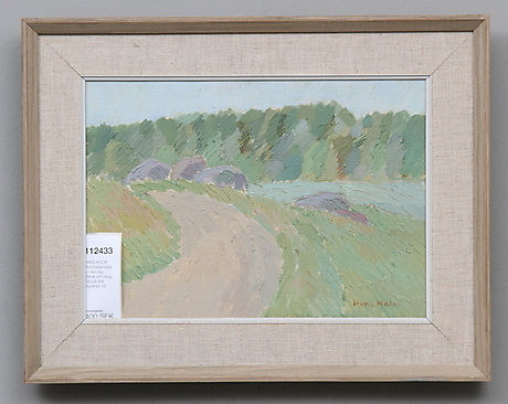 HANS HOLM. Summer landscape with road, rocks and forest. Oil on canvas ...