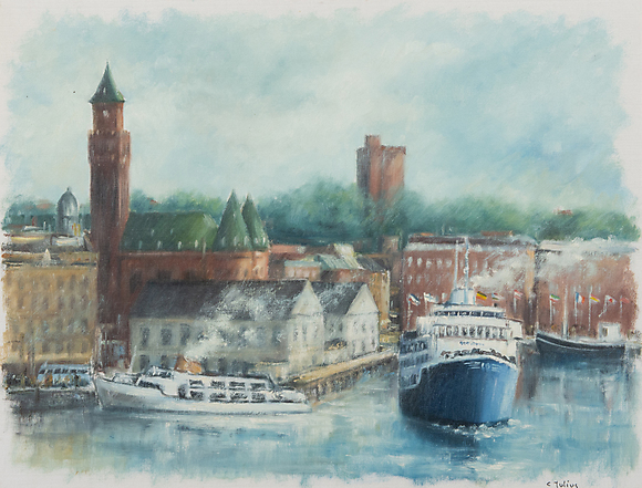 CARL JULIUS. Helsingborgsmotiv med Rådhuset och Kärnan, olja på duk ...