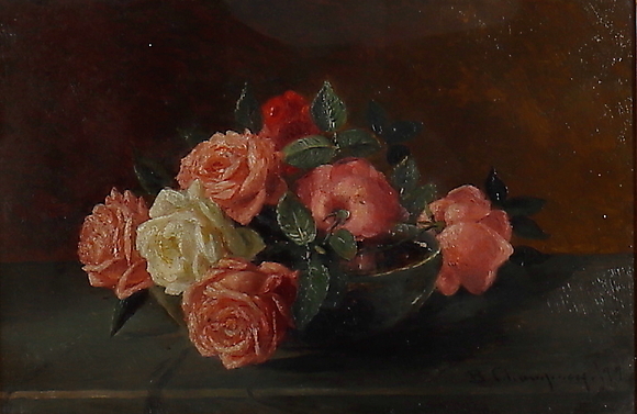 BENJAMIN CHAMPNEY (AMERICAN 1817-1907). STILLEBEN AV ROSOR I EN SKÅL ...