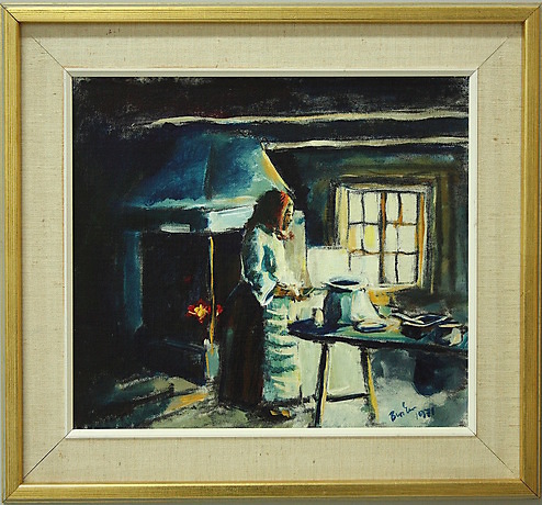 BROR-ERIC BERGQVIST. oil on Board, "Skansenveckan, Maja ties up the ...