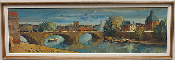 LEON CORBEAU. oil on canvas, bridge in urban environment, signed. Art ...