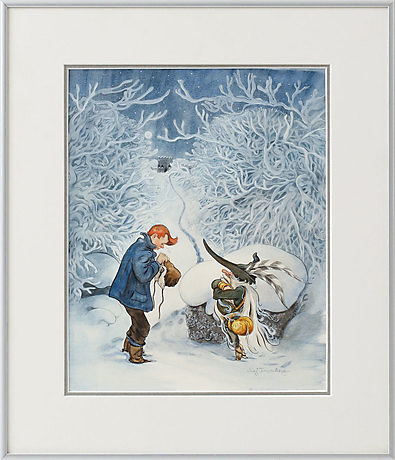 MAJ FAGERBERG, pojke och tomte i snölandskap, signerad, akvarell. Konst ...