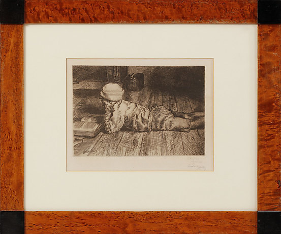 ANDERS HELLER. Reading child, etching, sign. Art - Engravings & Prints ...
