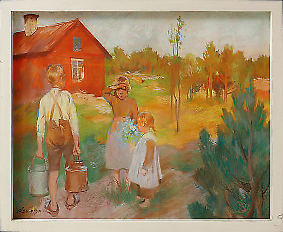 ALF WALLANDER. Figure scene in the country, pastel, signed. Art ...