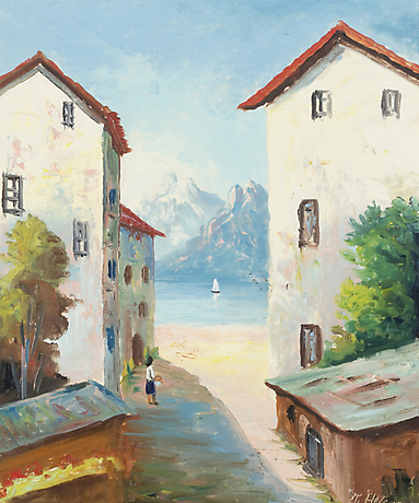 KARL HELGO. Bergslandskap med hus, olja på duk, signerad K. Helgo ...