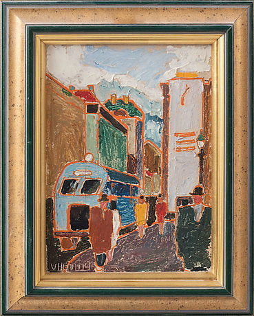 WILHELM HENNING. Göteborgsmotiv med spårvagn, olja på pannå, signerad ...