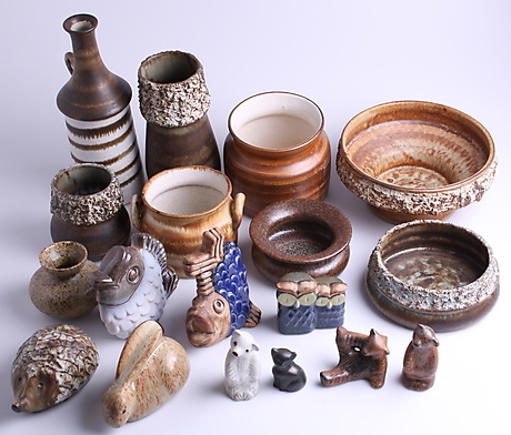 CERAMIC ITEMS, 18 pcs, 9 vases / bowls + 9 animal figurines, EGO ...