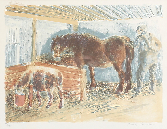 JOHAN LUNDGREN. Feeding, color lithography, numbered 41/200 and signed ...
