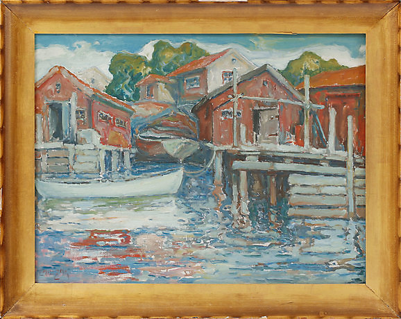 EMIL ZOIR. Coastal picture with fishing huts, oil on canvas, signed ...