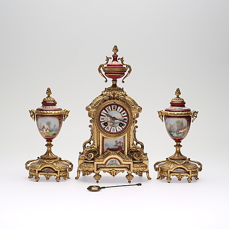TABLE SET, 3 pieces, brass and porcelain, rococo style, 20th century ...