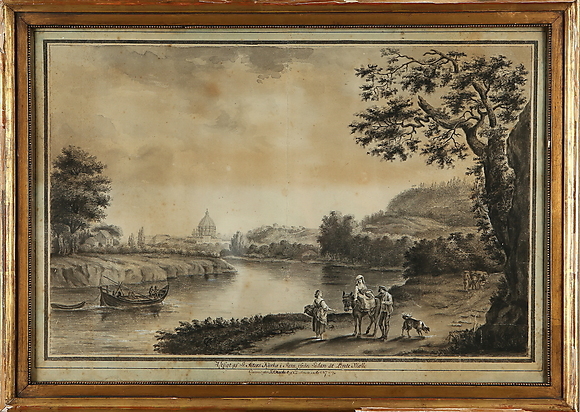 C. BECKMAN, Vista hacia la Iglesia de San Pedro en Roma, aguada con ...