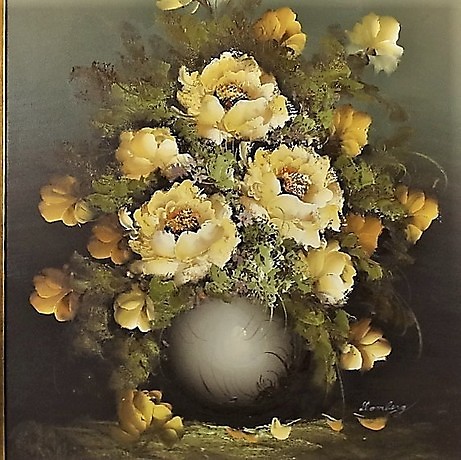 GULA ROSOR I VAS, oljemålning, omkring 1950. Konst - Måleri - Auctionet