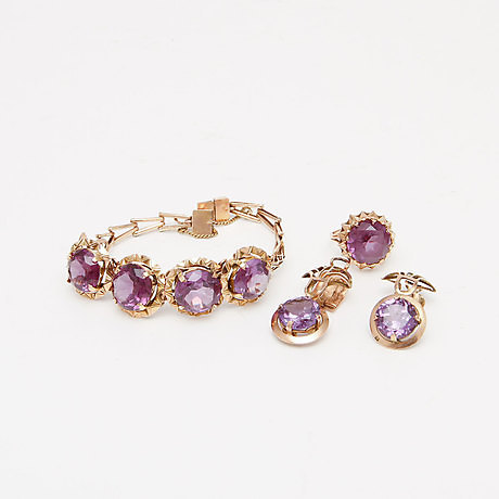JEWELRY SET, 3 pieces, 12K red gold, faceted amethysts, Cairo, Egypt ...