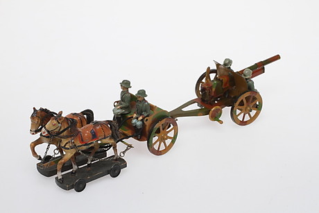 HAUSSER / ELASTOLIN horse-drawn cannon, carriage with 2 draft horses ...