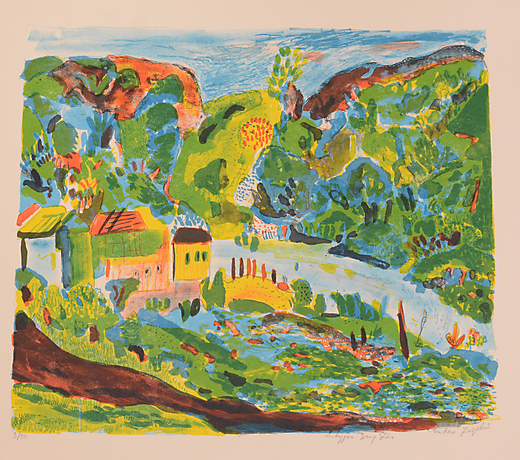 EVY LÅÅS. Summer landscape and Village. Lithograph. Art - Graphic ...