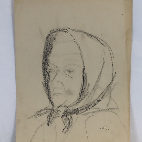 MONOGRAMMIST HS. Bonde kvinna med sjal, träkol på papper. Konst ...