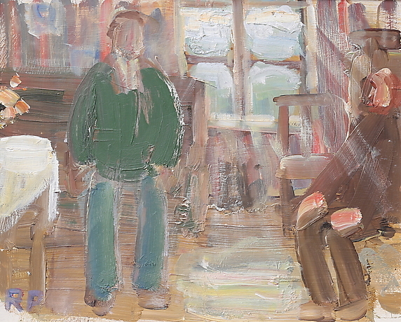 RAGNAR PERSON. Interior with figures, oil on Board, signed. Art ...