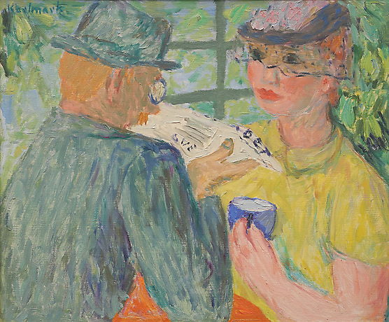 GERHARD KARLMARK. Man reading with lady in hat, oil on Board, signed ...