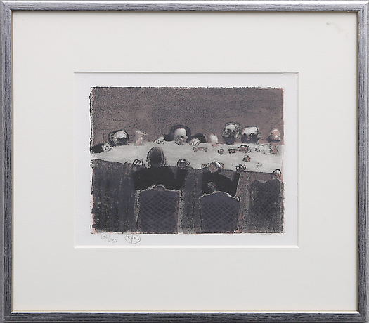 ROY FRIBERG. Sällskap vid bord, litografi. Konst - Grafik - Auctionet