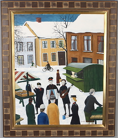 BENGT OLOV ABRAHAMSSON. "Småstadstorg", öljy kankaalle, signeerattu ...