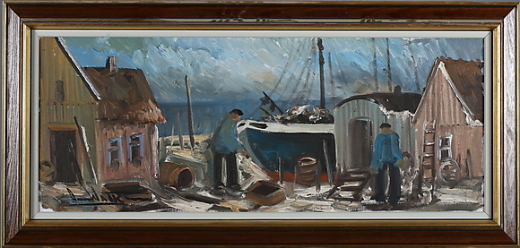 ARNE WALLSTEN. Motif with boathouses and figures, oil on canvas, signed ...
