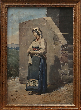 FILIPPO INDONI, (1842 ROM 1908)I. Italiensk kvinna framför huset ...