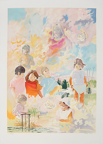 THOMAS KÄCK. Barn med Kristus, färglitografi nr 139/360, signerad ...