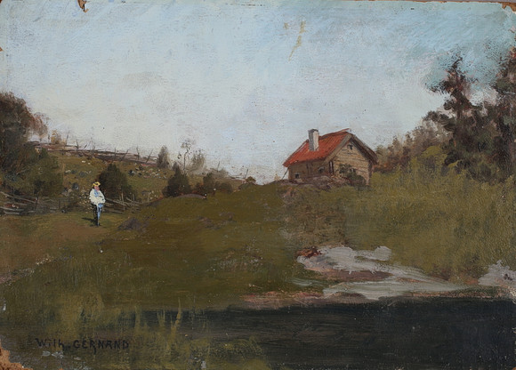 WILHELM GERNAND. Landscape with figure and house in the background, oil ...