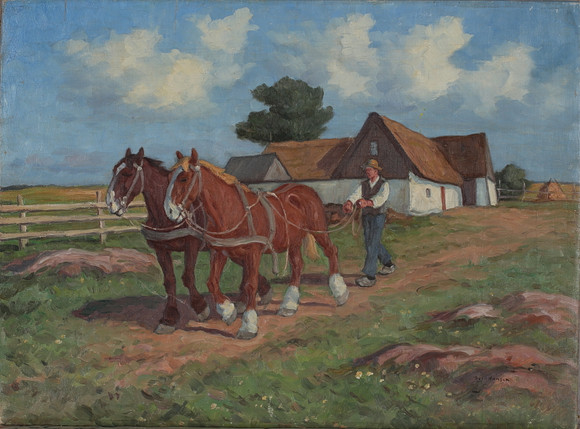 AXEL HANSEN. Sommarlandskap med hästar och bonde, olja på duk, signerad ...