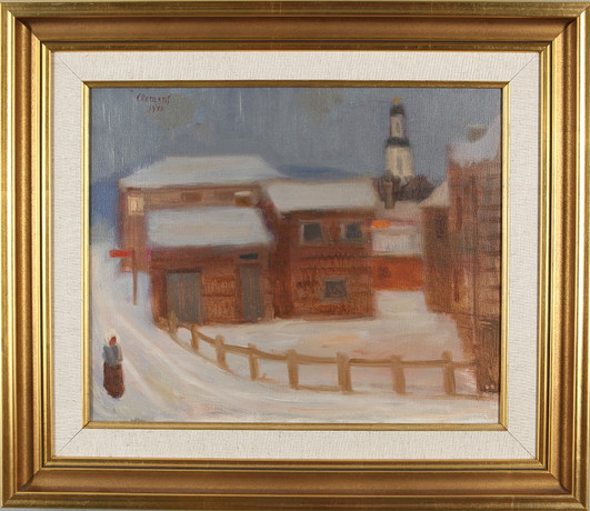 CURT CLEMENS. Cityscape with street. oil on canvas, signed, 1940s. Art ...