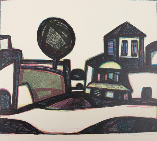 MAX GREGOR CARLSSON (1914-1996). Landskap med hus, färglitografi nr 177 ...