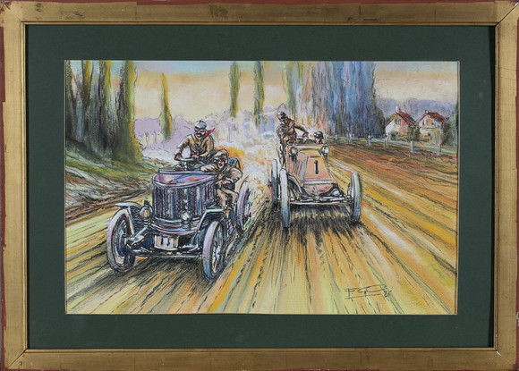 FREDERICK GORDON CROSBY. After. Racing cars, pastel/gouache, signed and ...