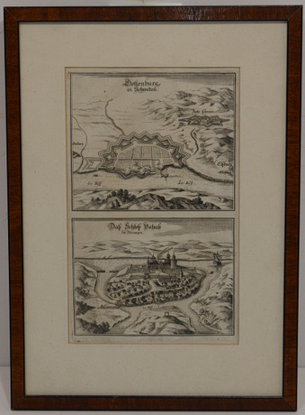 Gottenburg in Sweden & Das Schloss Bahus in Norwegen. copper engraving ...